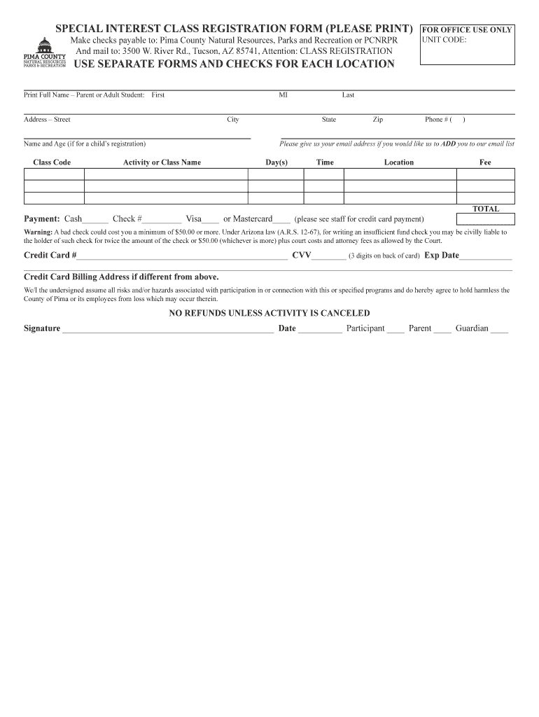 Fillable Online SPECIAL INTEREST CLASS REGISTRATION FORM (PLEASE PRINT ...