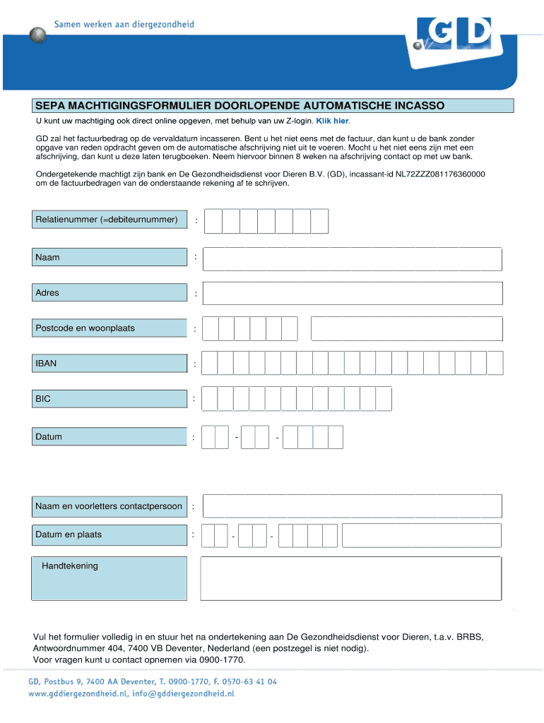 Fillable Online gddiergezondheid U kunt uw machtiging ook direct online ...