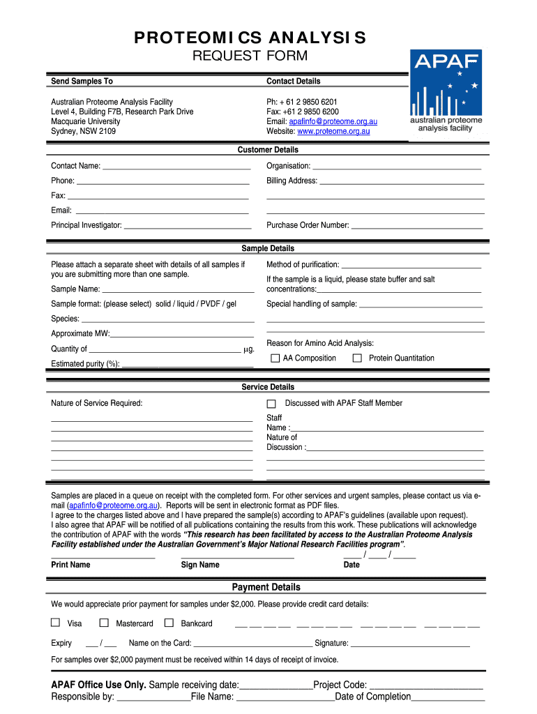 Fillable Online proteome org PROTEOMICS ANALYSIS REQUEST FORM Send Samples To Contact Details ...