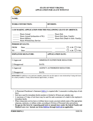 Fillable Online STATE OF WEST VIRGINIA APPLICATION FOR LEAVE WITH PAY NAME Fax Email Print ...