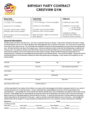 Fillable Online BIRTHDAY PARTY CONTRACT CRESTVIEW GYM Fax Email Print ...