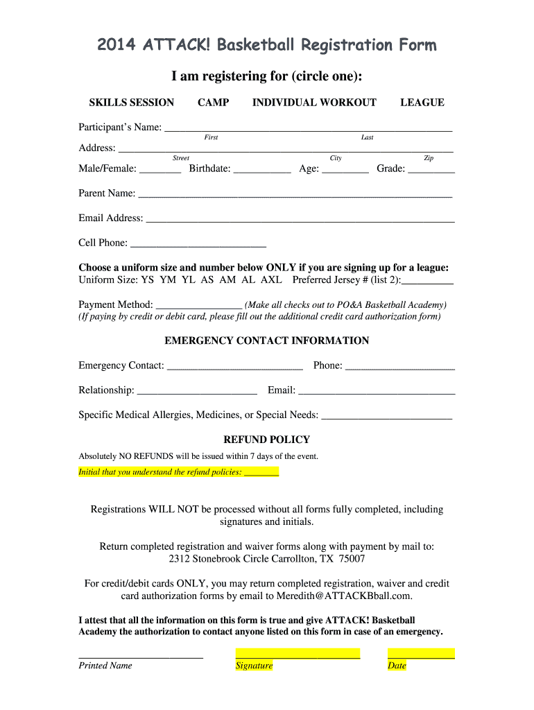 Fillable Online Basketball Registration Form I am registering for ...
