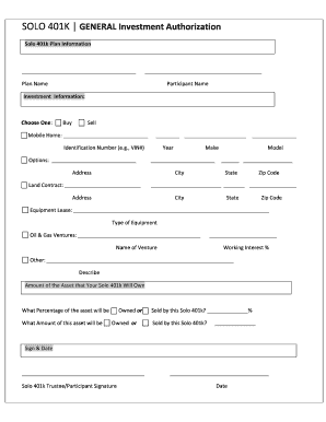 Fillable Online mysolo401k SOLO 401K GENERAL Investment Authorization ...