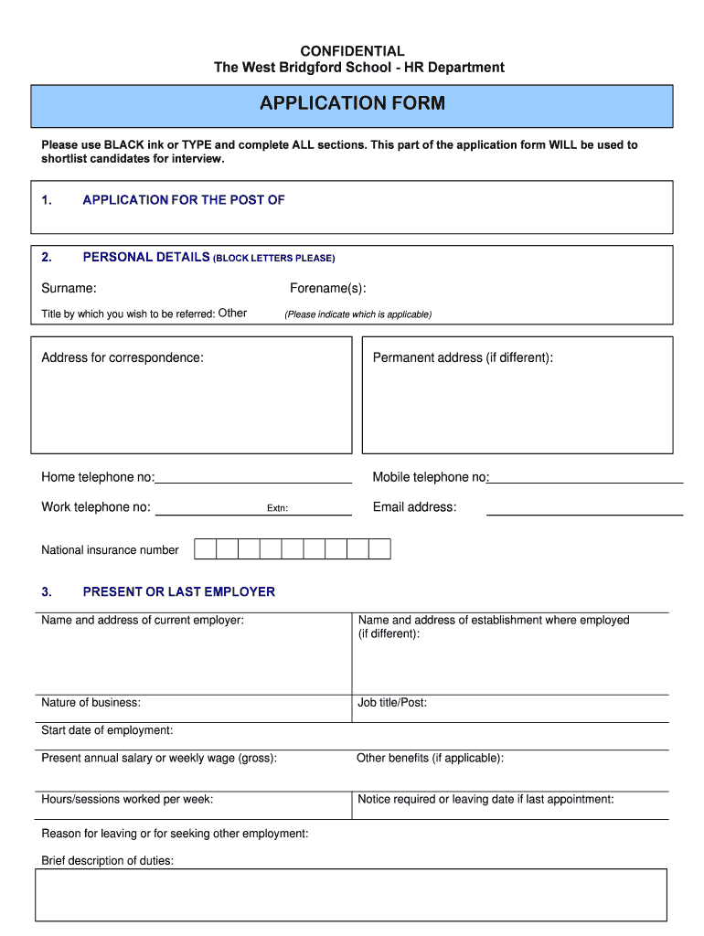Fillable Online APPLICATION FORM - West Bridgford School Fax Email ...