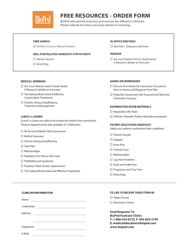 Fillable Online FREE RESOURCES - ORDER FORM - BioPed Footcare Fax Email ...