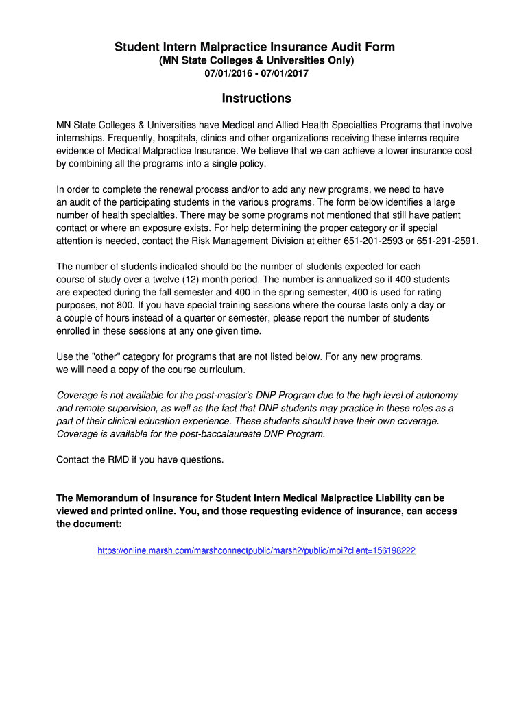 Fillable Online mn Instructions Student Intern Malpractice Insurance ...