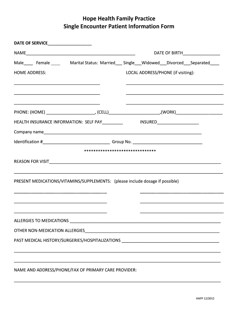 Fillable Online Hope Health Family Practice Single Encounter Patient ...