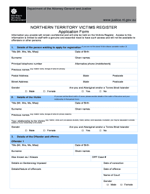 Fillable Online dbird nt gov NORTHERN TERRITORY VICTIMS REGISTER ...