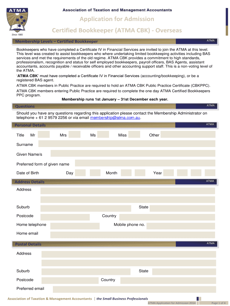 Fillable Online Application for Admission Certified Bookkeeper (ATMA ...
