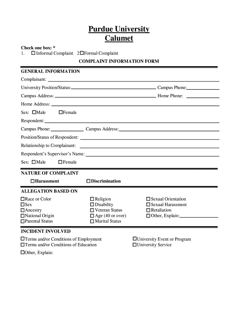 Fillable Online pnw Purdue University Calumet Equity & Diversity - Complaint Information Form ...