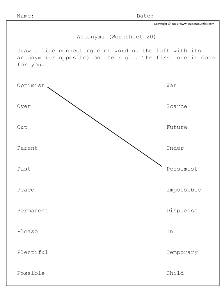 Fillable Online Antonyms (Worksheet 20) Optimist War Over Scarce Out ...