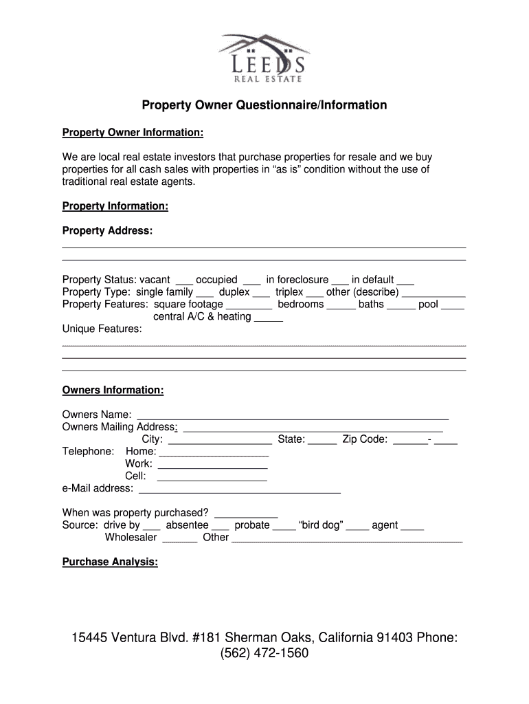 Fillable Online Property Owner Questionnaire/Information Fax Email ...