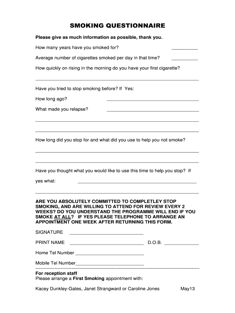 Fillable Online Smoking questionnaire - The Headlands Surgery Fax Email ...