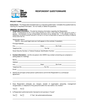 Fillable Online saws RESPONDENT QUESTIONNAIRE PROJECT NAME ...