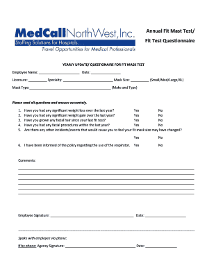 Fillable Online Annual Fit Mast Test/ Fit Test Questionnaire Fax Email ...