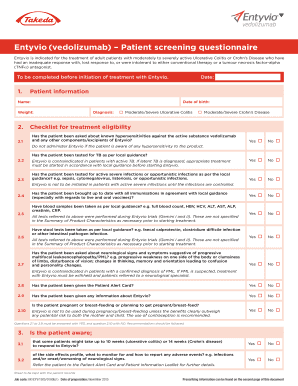 Fillable Online Entyvio (vedolizumab) Patient screening questionnaire ...