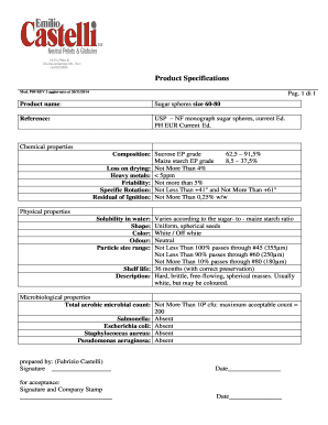 Fillable Online 1 di 1 Product name: Sugar spheres size 6080 Reference ...