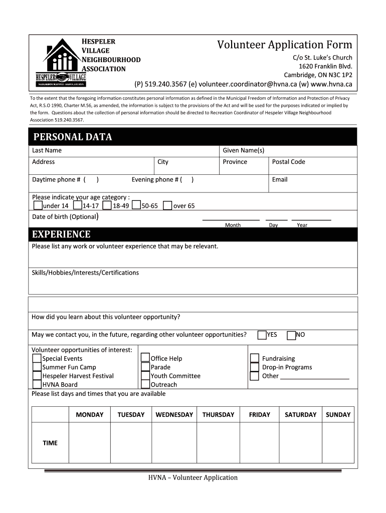 Fillable Online hvna HESPELER Volunteer Application Form ILLAGE ...