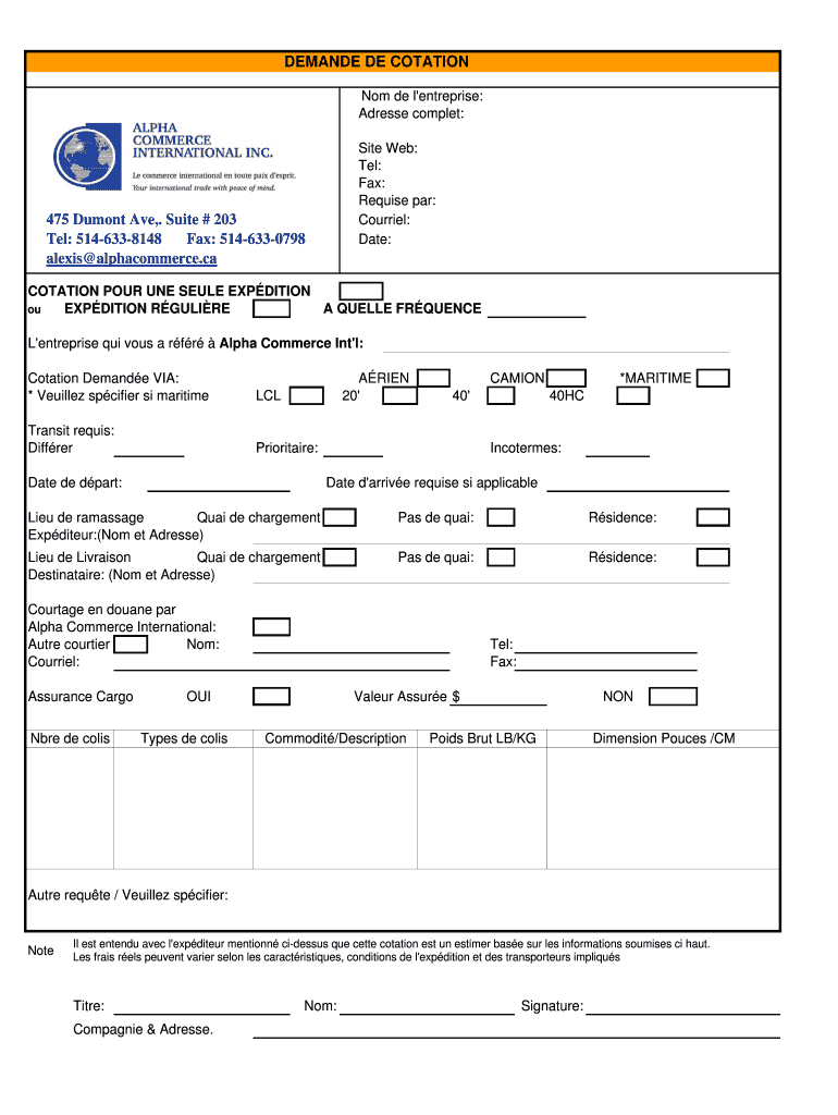 Fillable Online DEMANDE DE COTATION - balphacommercebbcab Fax Email Print - pdfFiller