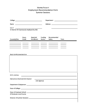 Fillable Online summersessions appstate V F Employment Recommendation Form Summer Sessions Fax ...