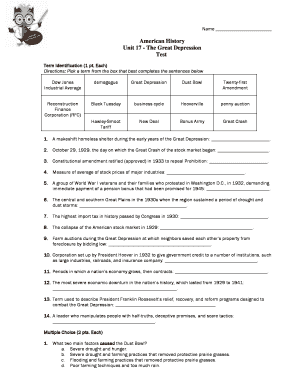 Fillable Online American History Unit 17 - The Great Depression Test ...
