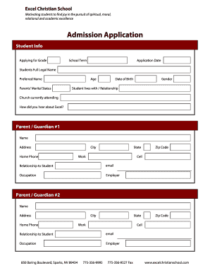 Fillable Online Admission Application - Excel Christian School Fax ...