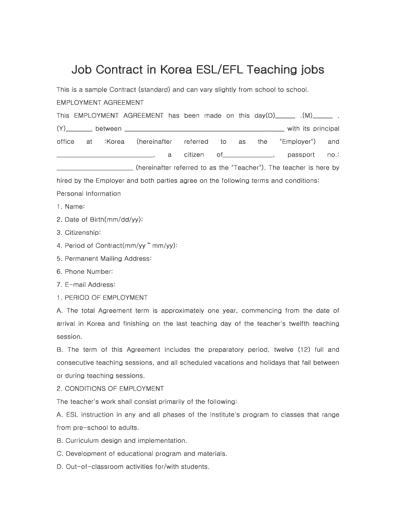 Fillable Online Job Contract in Korea ESL/EFL Teaching jobs Fax Email ...