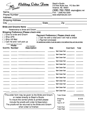 Fillable Online Wedding Order Form - Stephs Studio Fax Email Print ...