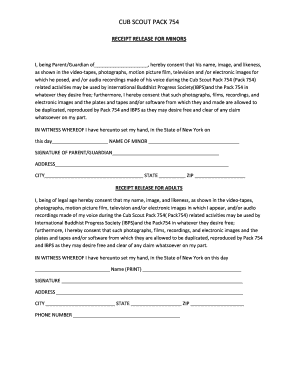 Fillable Online CUB SCOUT PACK 754 RECEIPT RELEASE FOR MINORS I, being ...