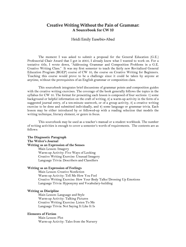 Fillable Online journals upd edu Creative Writing Without the Pain of ...