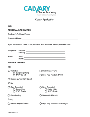 Fillable Online Coach Application - Calvary Chapel Academy Fax Email ...