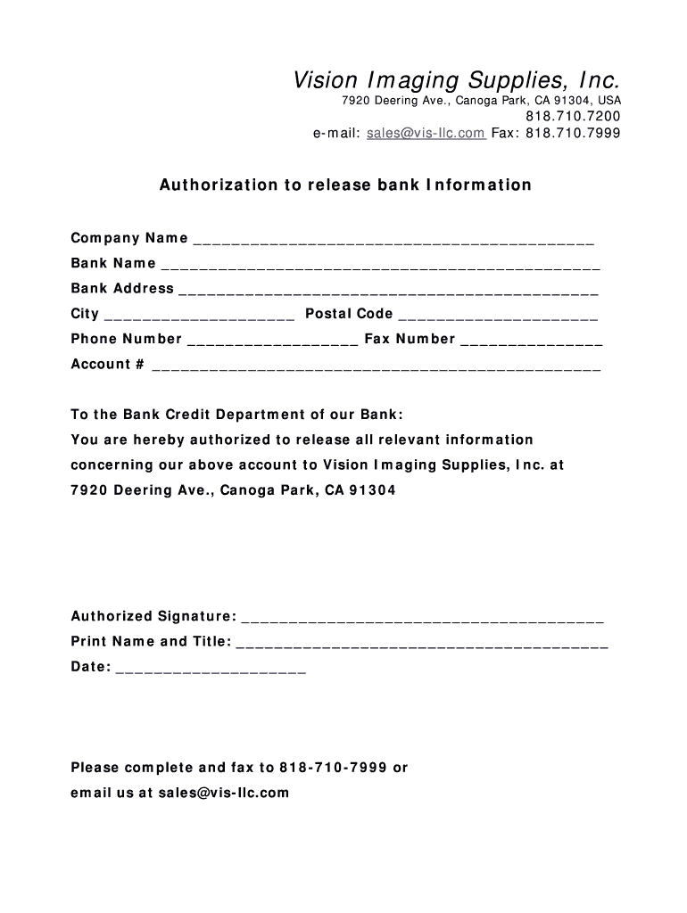Fillable Online Authorization to release bank Information Fax Email ...