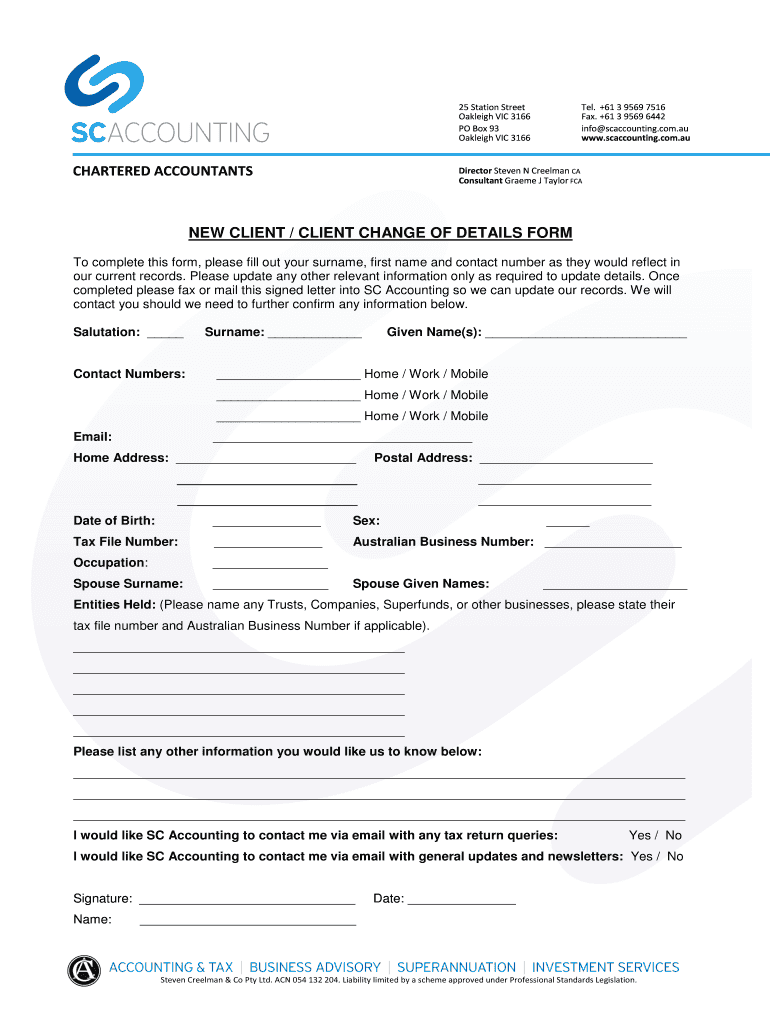 Fillable Online New Client Client Detail Update Form - SC Accounting Fax Email Print - pdfFiller