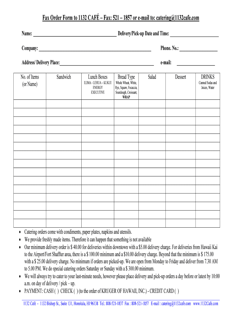 Fillable Online 1132 Cafe Order - Form Fax Email Print - pdfFiller