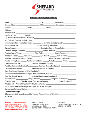 Fillable Online Homeowners Questionnaire PDF - Shepard Insurance Fax ...