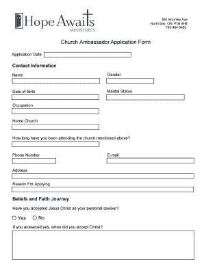 Fillable Online Church Ambassador Application Form - Hope Awaits ...