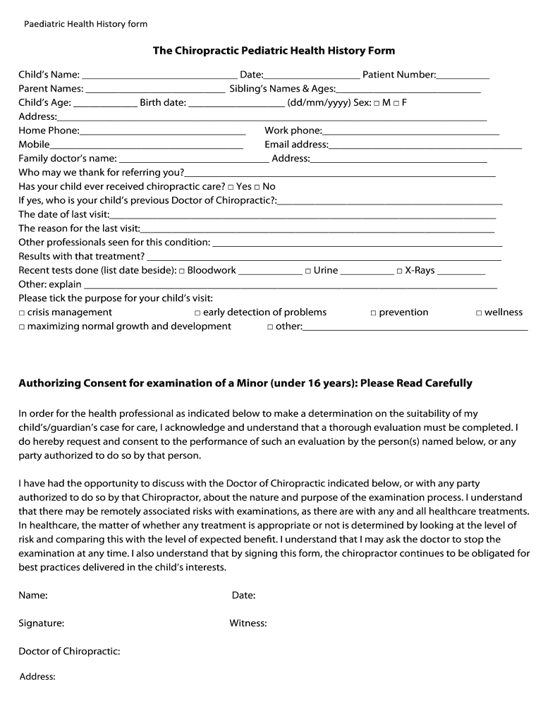Fillable Online The Chiropractic Pediatric Health History Form Fax ...