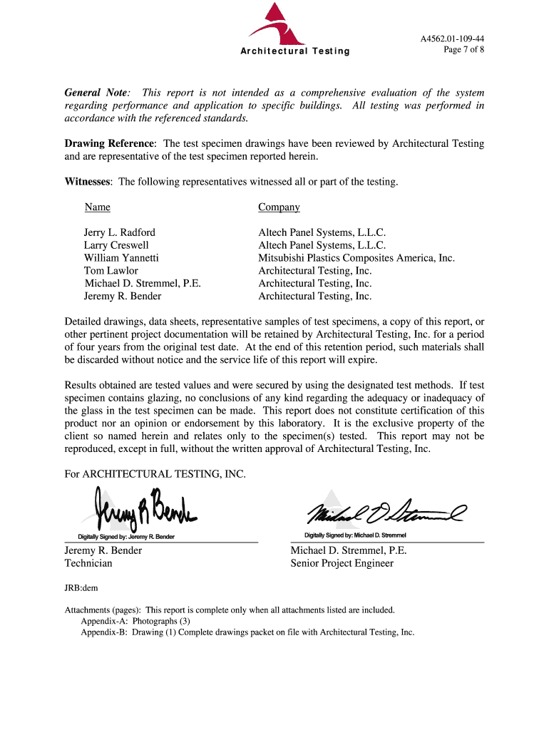 Fillable Online AAMA 509-09 TEST REPORT Rendered to: ALTECH PANEL ...