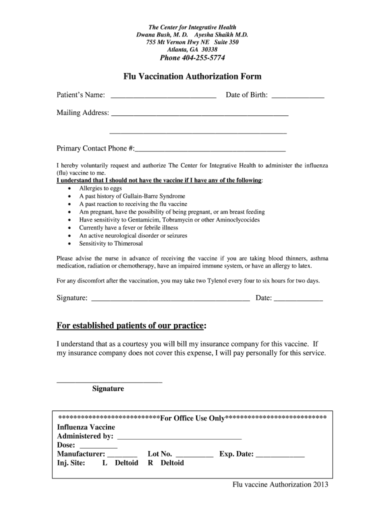 Fillable Online Flu Vaccination Authorization Form Fax Email Print - pdfFiller