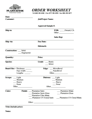 Fillable Online Sample Order Form - Plantation Hardwood Floors Fax ...