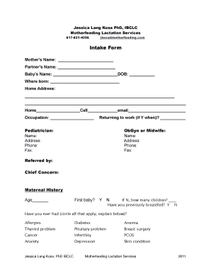Fillable Online Lactation Consultant Intake May2011 -... Fax Email ...