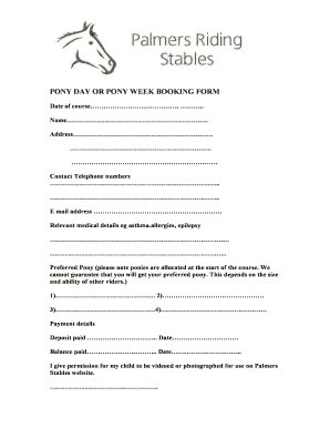 Fillable Online PONY DAY OR PONY WEEK BOOKING FORM - Palmers Riding ...