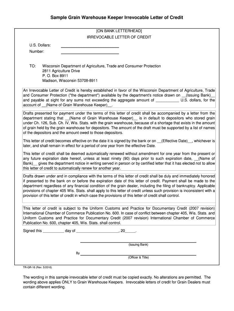 Fillable Online datcp wi Sample Grain Warehouse Keeper Irrevocable ...