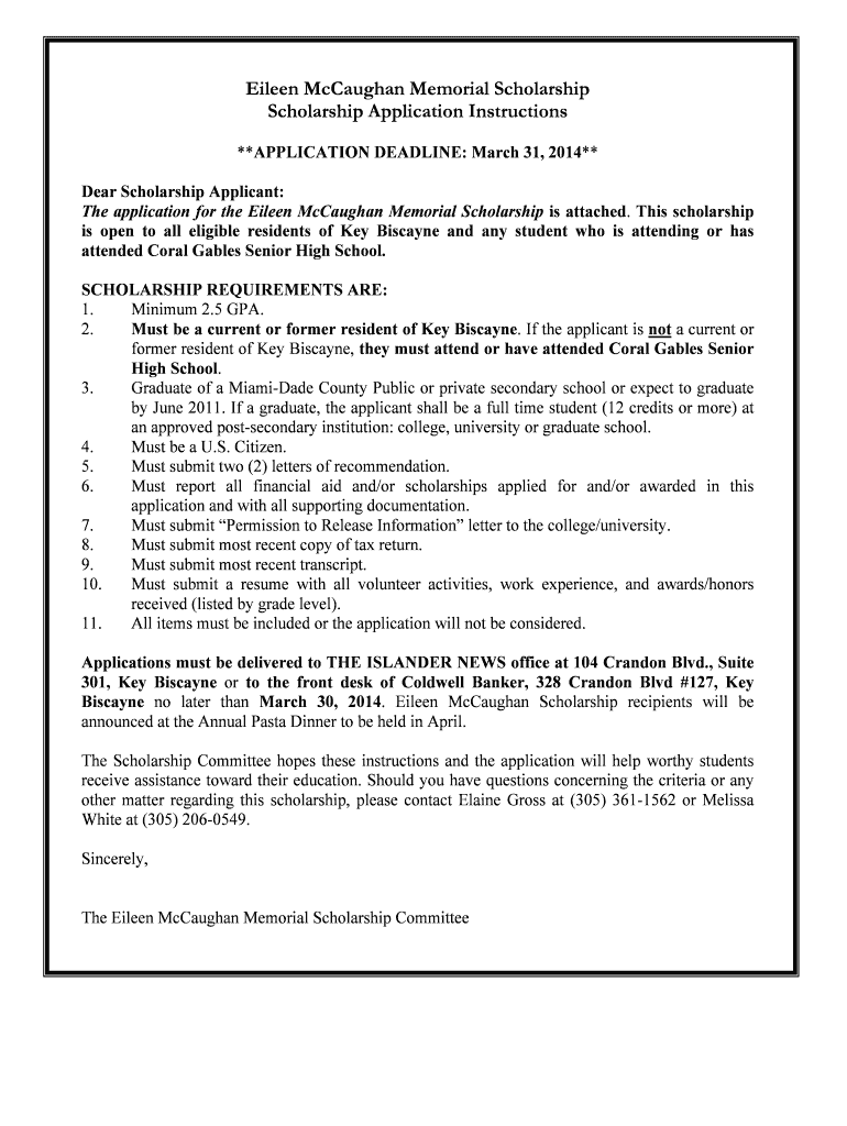 Fillable Online keybiscaynecommunityfoundation Eileen McCaughan Memorial Scholarship Scholarship ...