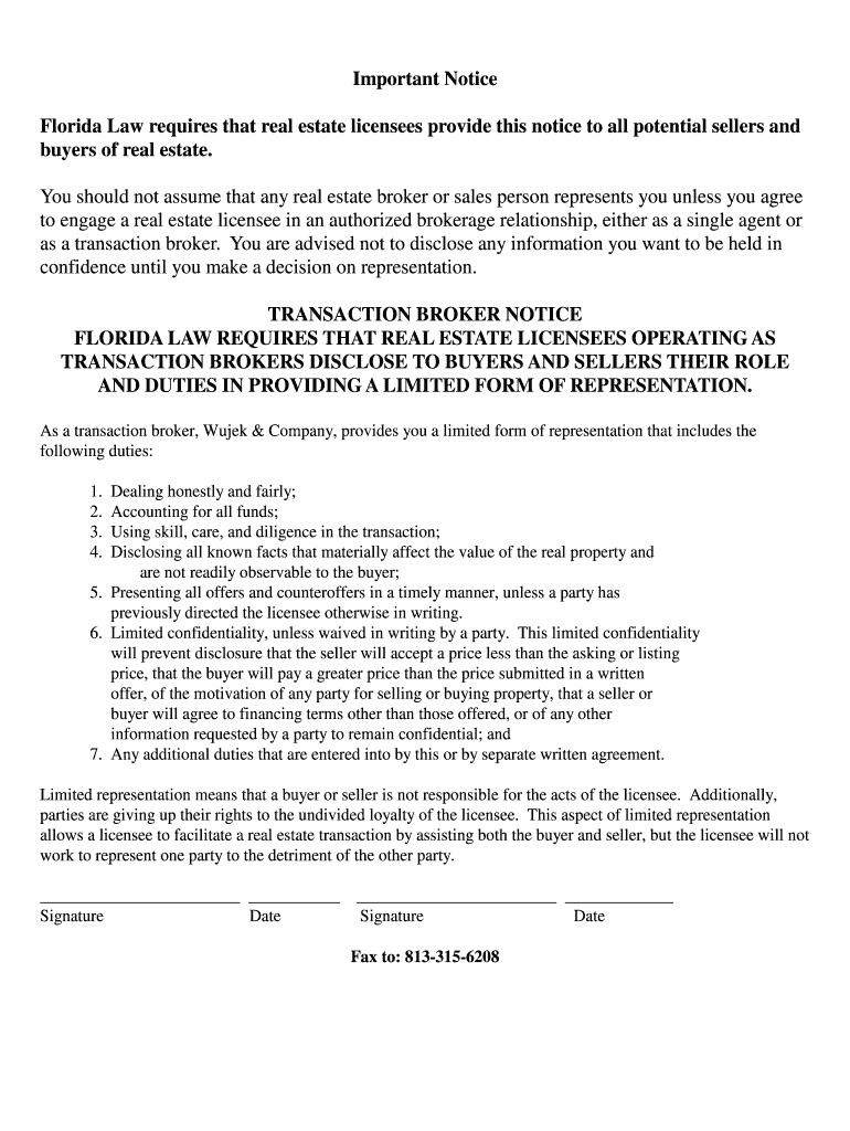Fillable Online TRANSACTION BROKER NOTICE FLORIDA LAW REQUIRES THAT ...