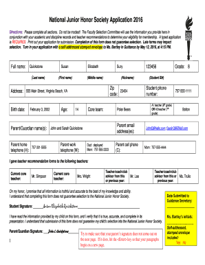 Fillable Online National Junior Honor Society Application 2016 ...