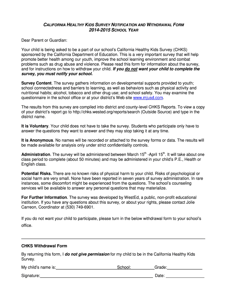 Fillable Online mjusd k12 ca CHKS Passive Consent Form Middle School ...