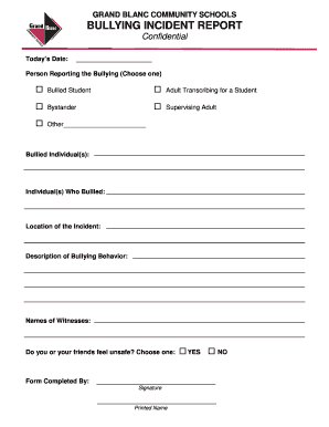 Fillable Online GRAND BLANC COMMUNITY SCHOOLS BULLYING INCIDENT REPORT ...