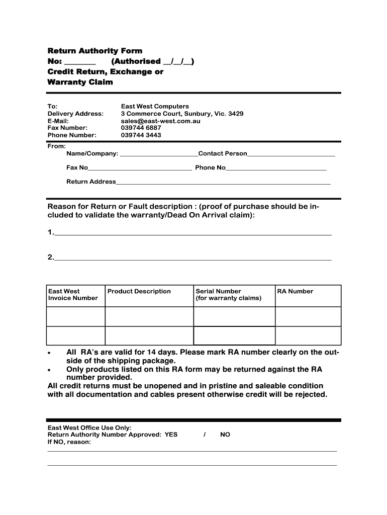 Fillable Online Return Authority Form No: (Authorised / / ) Credit ...