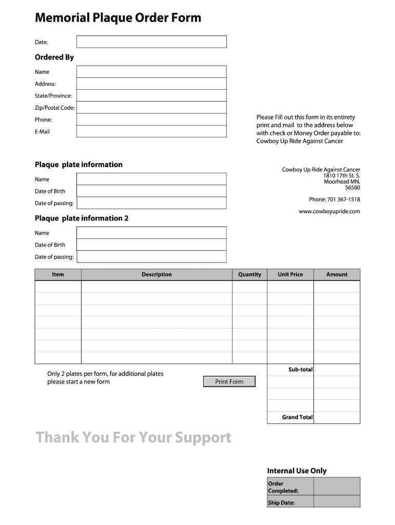 Fillable Online gventertainment Memorial Plaque Order Form ...